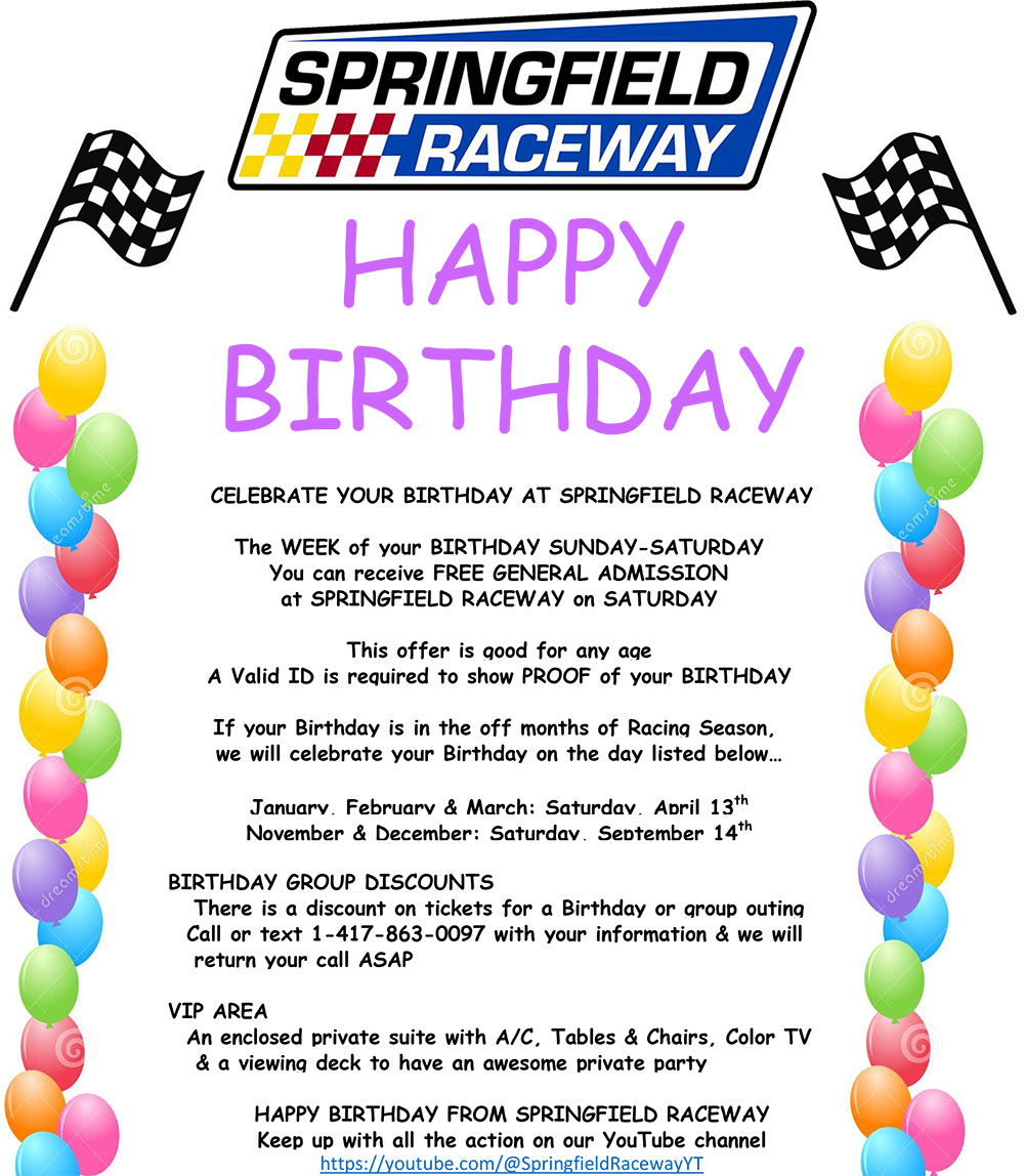 Springfield Raceway - Free general admission for your birthday