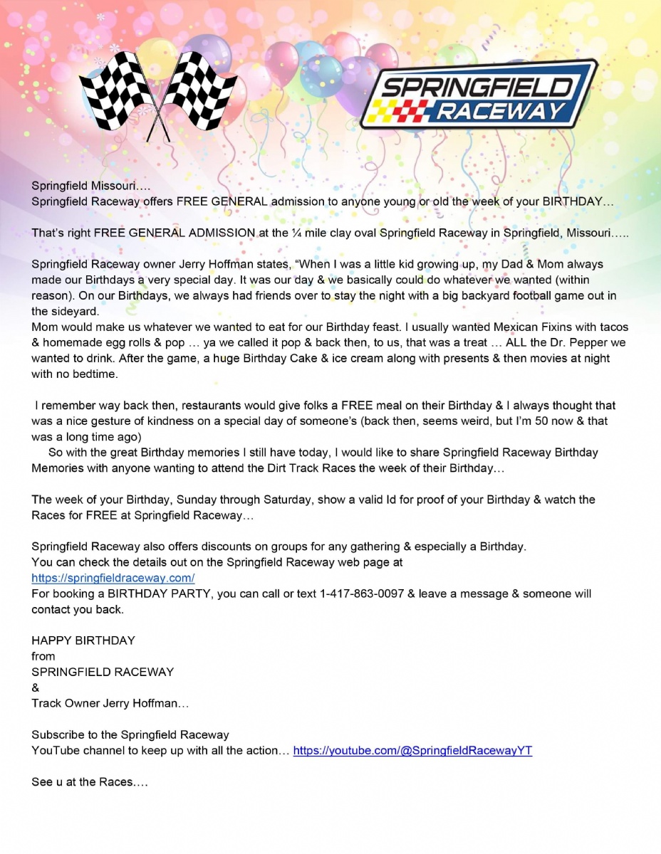 Springfield Raceway - Free general admission for your birthday