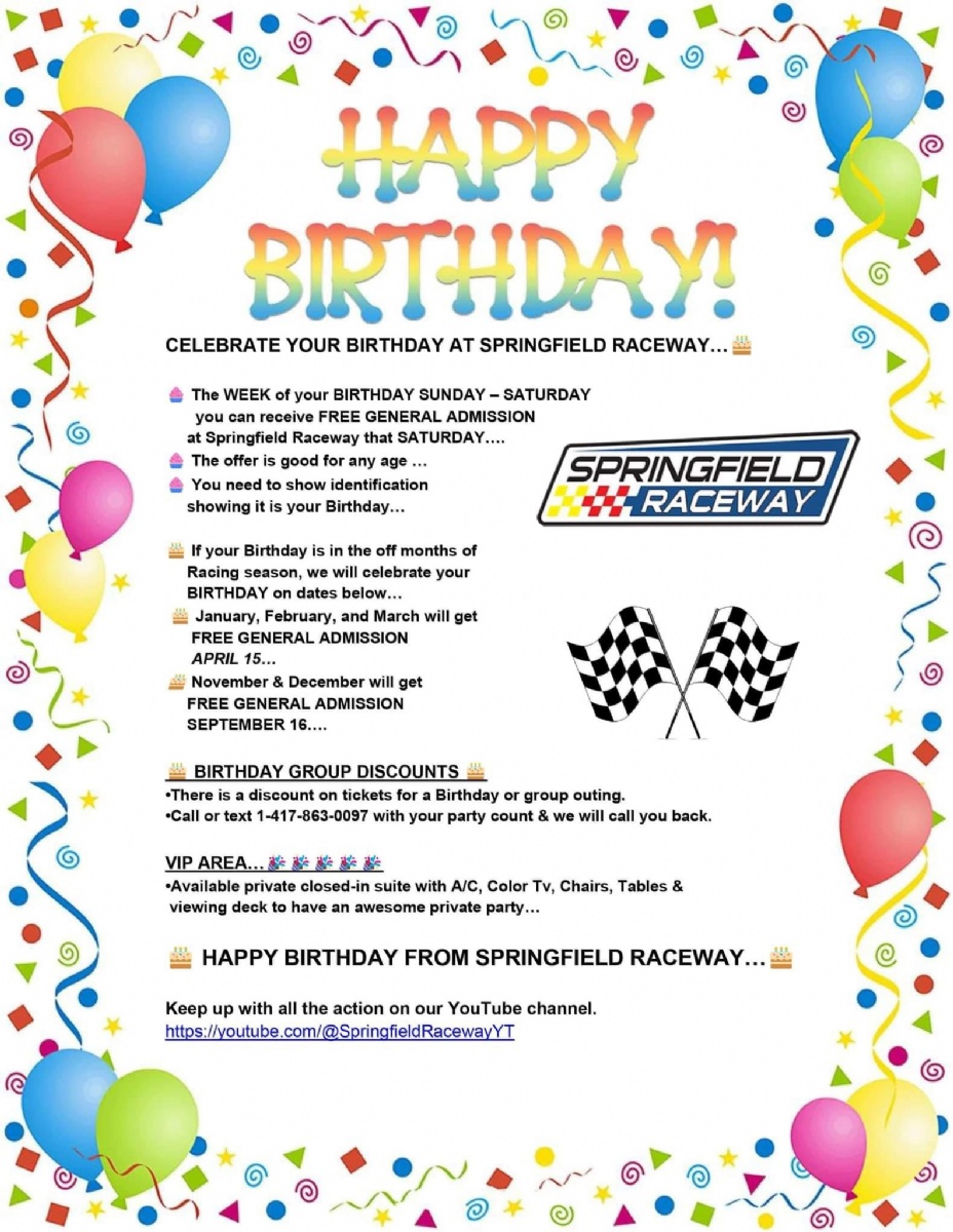 Springfield Raceway - Free general admission for your birthday